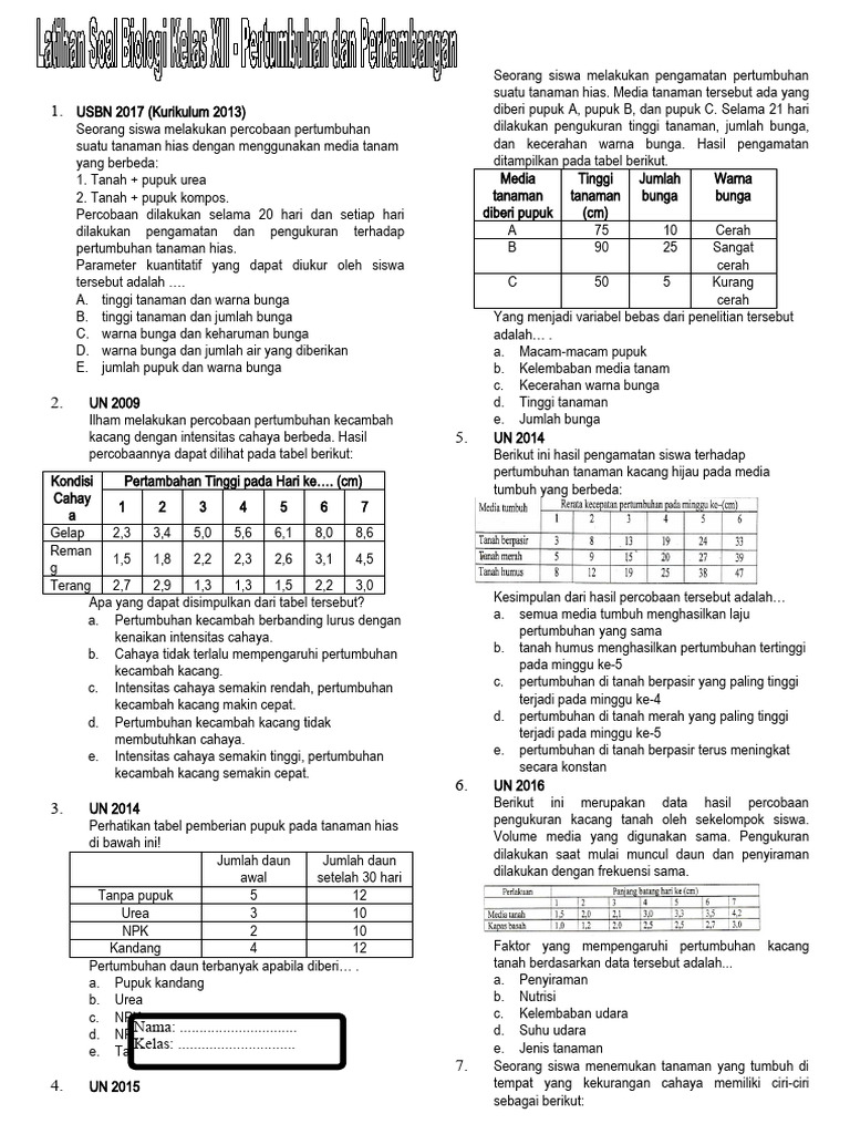 Latihan Soal 2021 - Pertumbuhan Dan Perkembangan | PDF