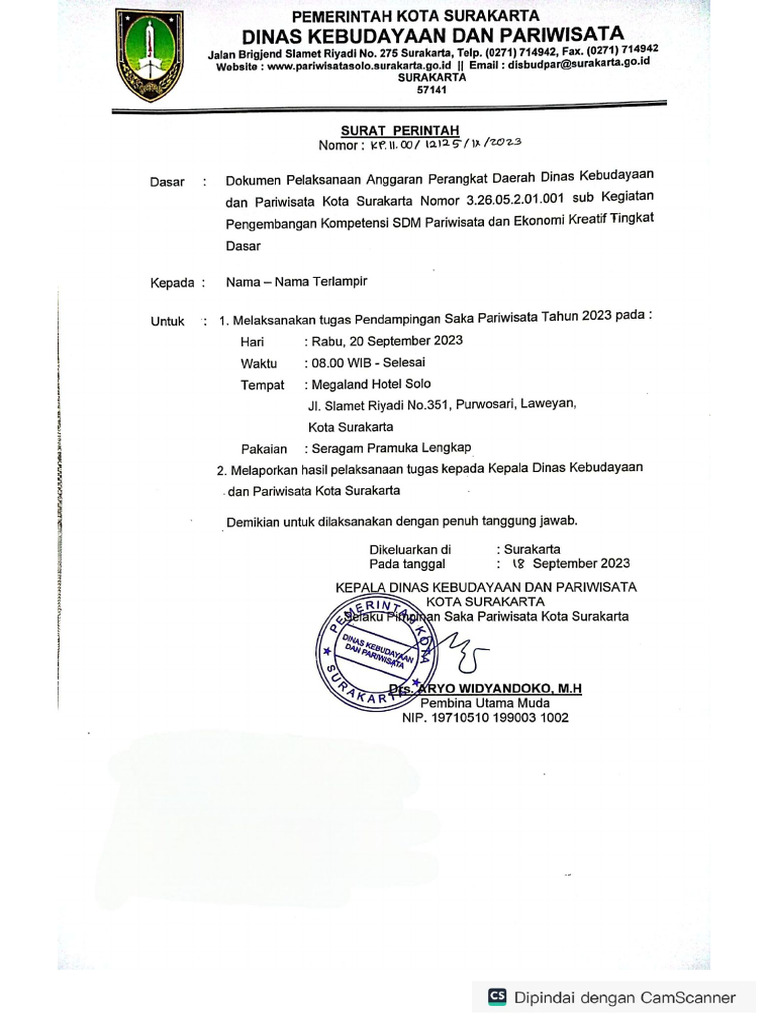 Surat Perintah Tugas Pendampingan Saka Pariwisata Tahun 2023 | PDF