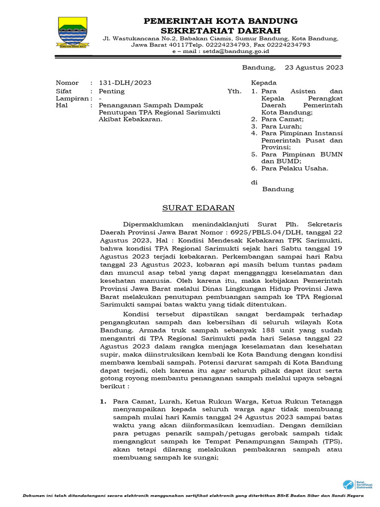 Surat Edaran Penanganan Sampah | PDF