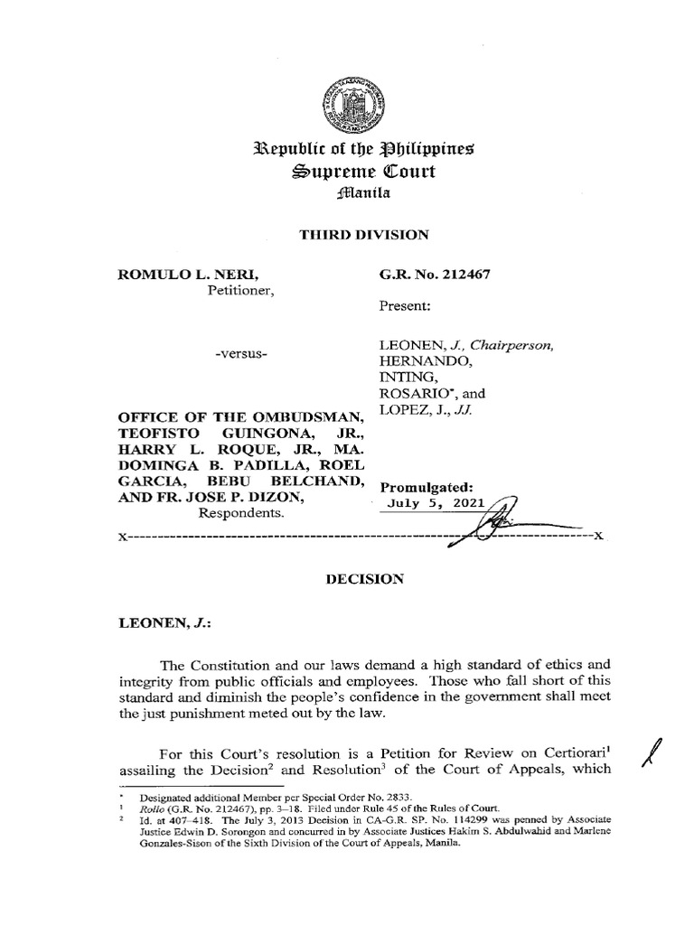 Romulo L. Neri vs. Office of The Ombudsman, Teofisto Guingona, JR., Harry L. Roque, JR., Ma ...