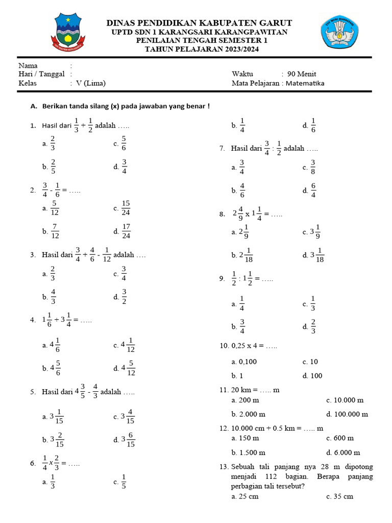Soal PTS MTK Kelas 5 Ganjil K13 | PDF