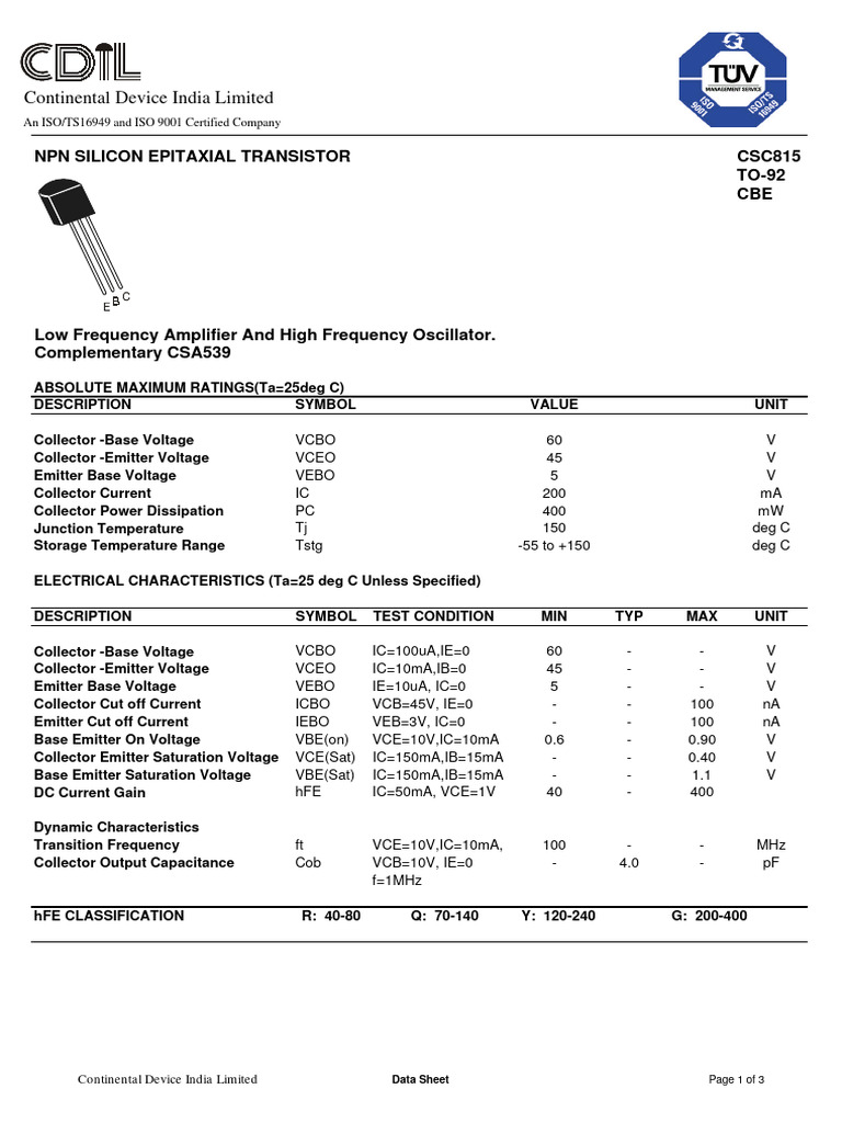 NPN Silicon Epitaxial Transistor Specs | PDF | Bipolar Junction ...