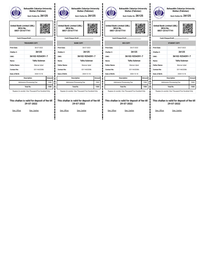 Online Challan For Admission BZU Multan | PDF | Cheque | Service Industries