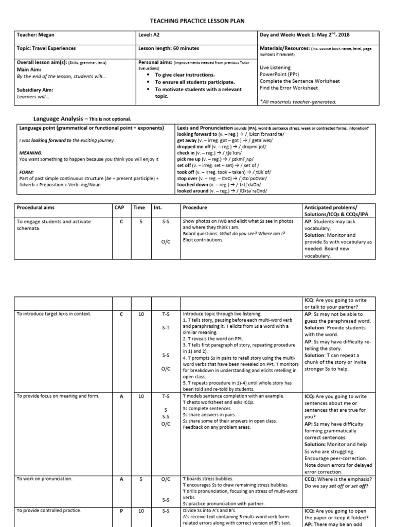 A2 Travel Experience Lesson Plan | PDF | Language Arts & Discipline