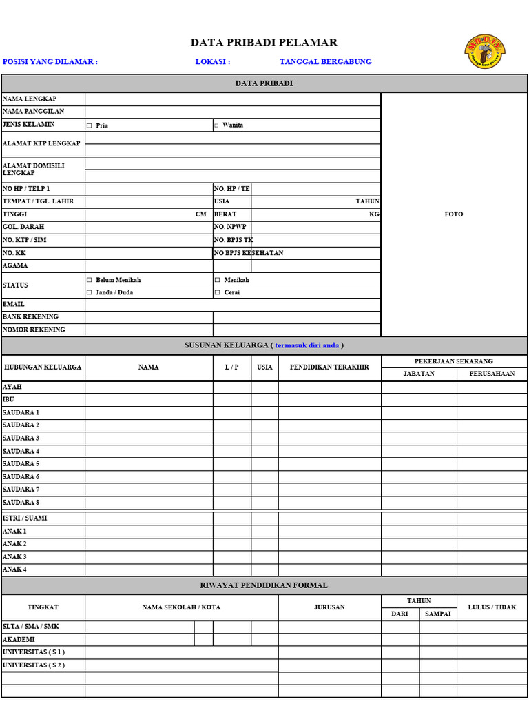 Formulir Data Diri Pelamar Kerja | PDF