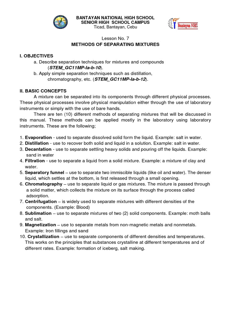 Lesson No. 7 Methods of Separating Mixtures | PDF