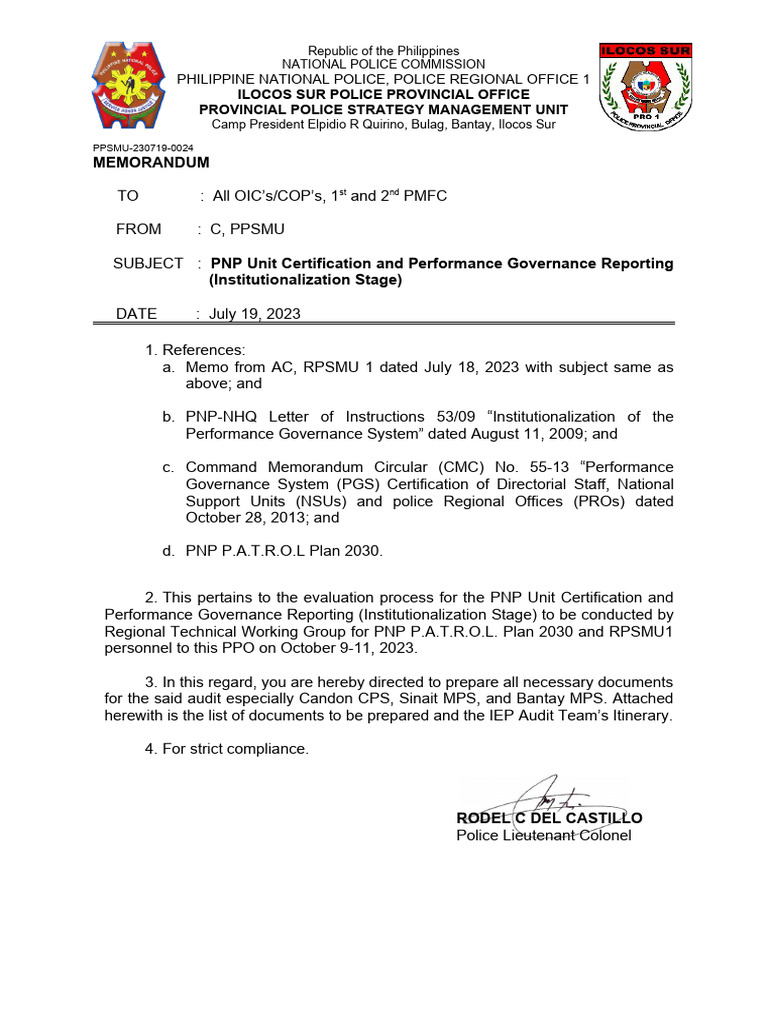 Memo PNP Unit Certification and Performance Governance Reporting ...
