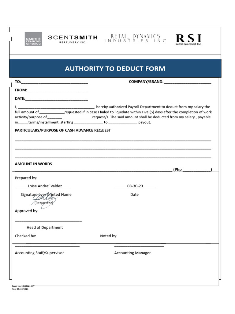 Authority To Deduct Form | PDF | Business | Finance & Money Management
