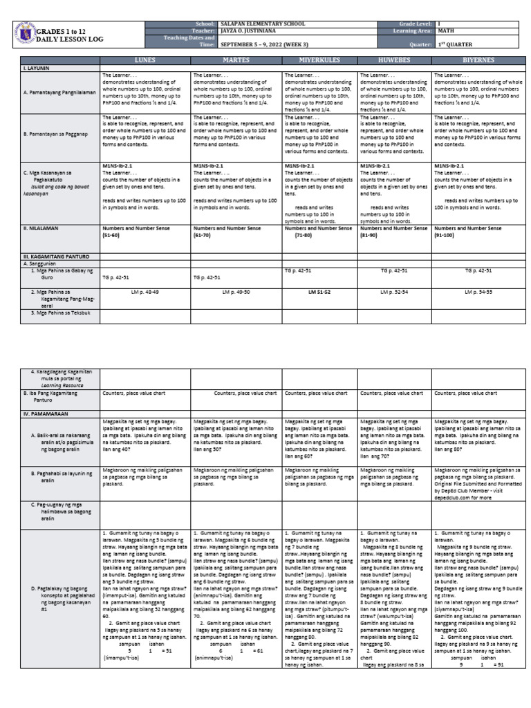DLL - Math 1 - Q1 - W3 | PDF