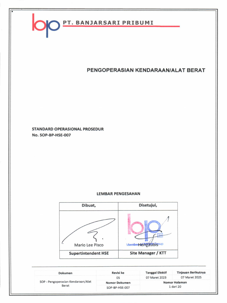 SOP-BP-HSE-007 Pengoperasian Kendaraan Atau Alat Berat Rev.5 | PDF
