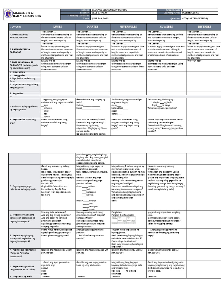 DLL Mathematics-1 Q4 W6 | PDF | Learning | Differentiated Instruction DLL Mathematics-1 Q4 W6 | PDF | Learning | Differentiated Instruction