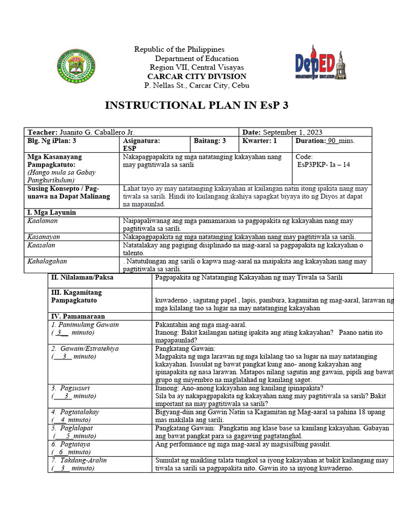 ESP3 - Q1 - IPLAN 2 - Nakapagpapakita NG Tanging Kakayhan Sa Pagtitiwala | PDF