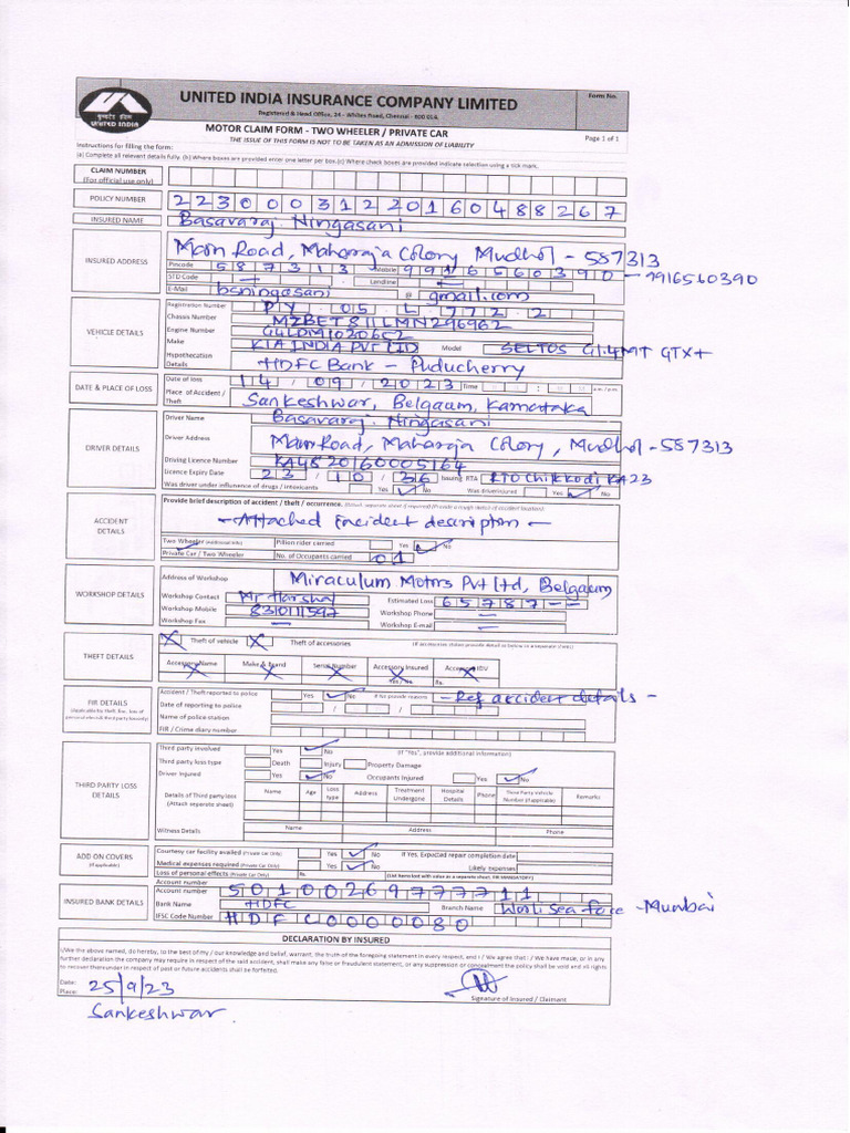 Motor Claim Form | PDF