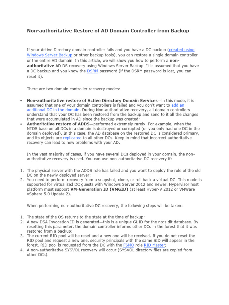 Nonauthoritative Restore of AD Domain Controller From Backup | PDF