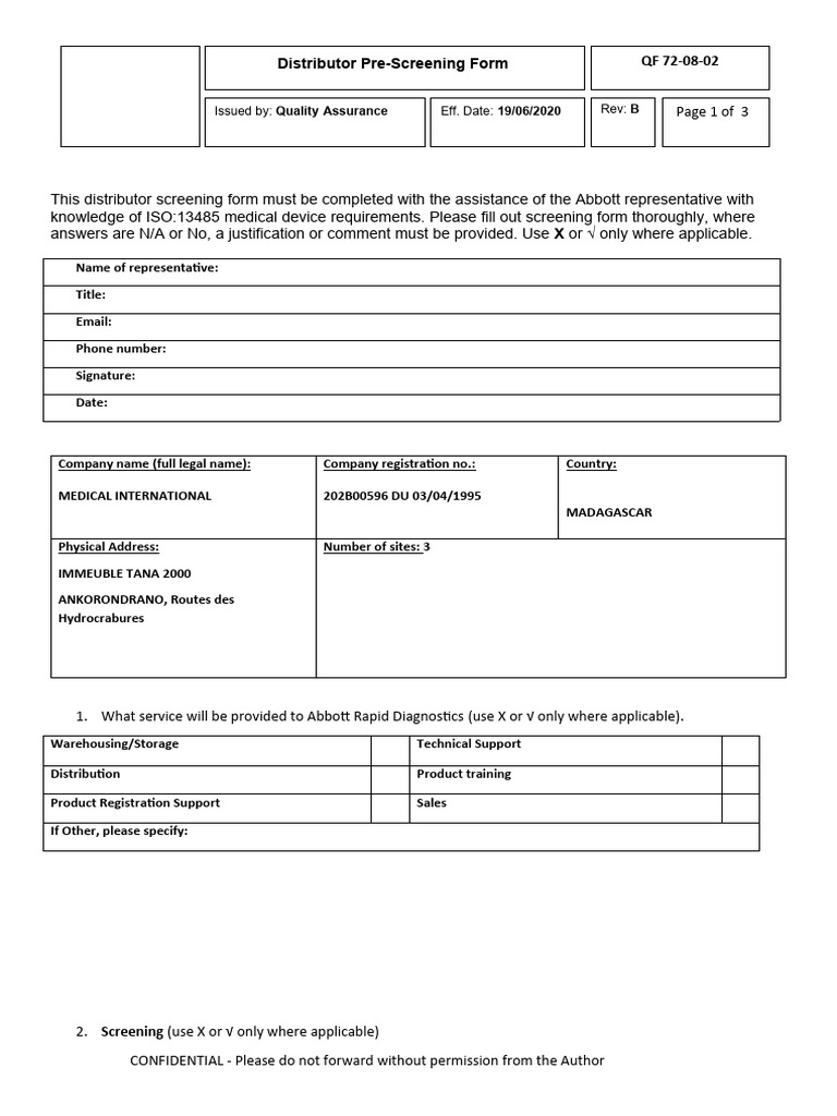 QF 72-08-02 Distributor Pre-Screening Form REV (B) | PDF | Computing ...