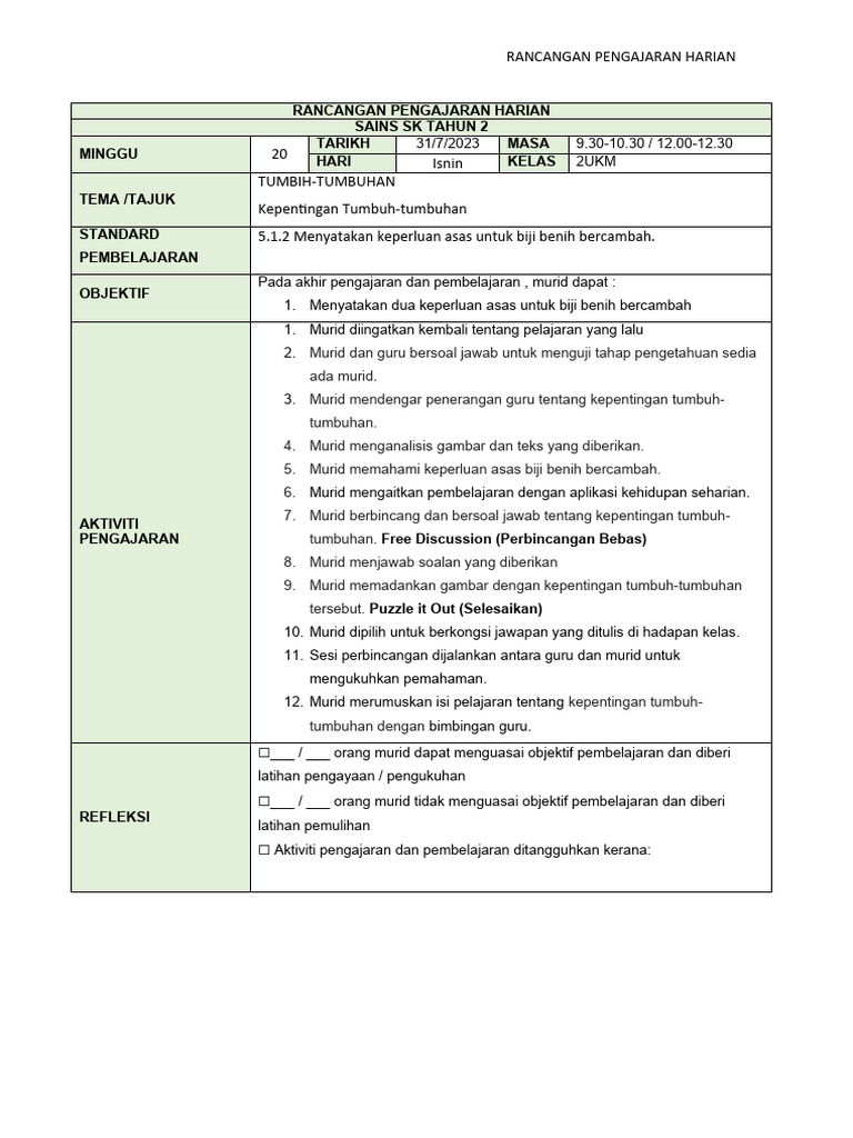 RPH Ringkas Minggu 14 Sains SK THN 2 2023 by Cikgu Gorgeous | PDF