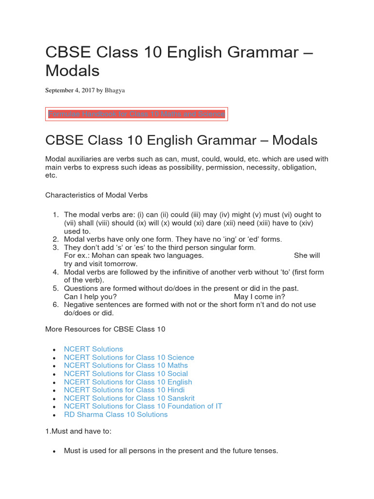 CBSE Class 10 English Grammar Modals | PDF