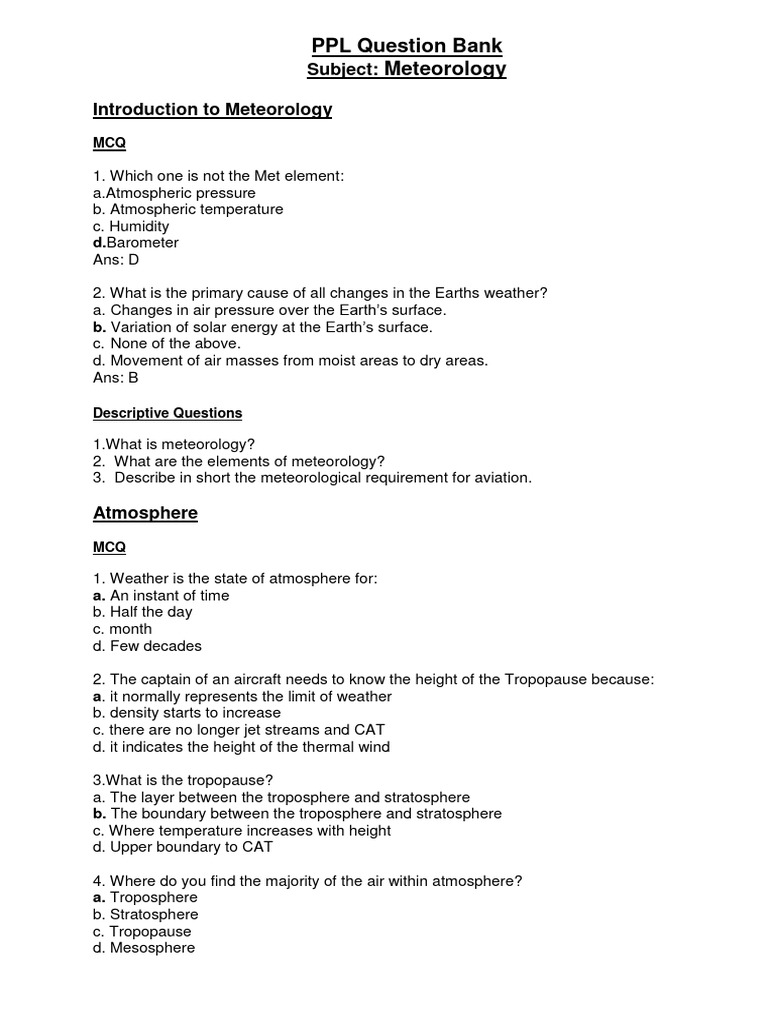 PPL Question Bank On Meteorology (MCQ and Descriptive) | PDF