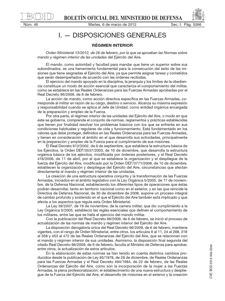 Legislacion Normas Sobre Mando y Regimen Interior de Las Unidades Del Ejercito Del Aire. OM 13 ...