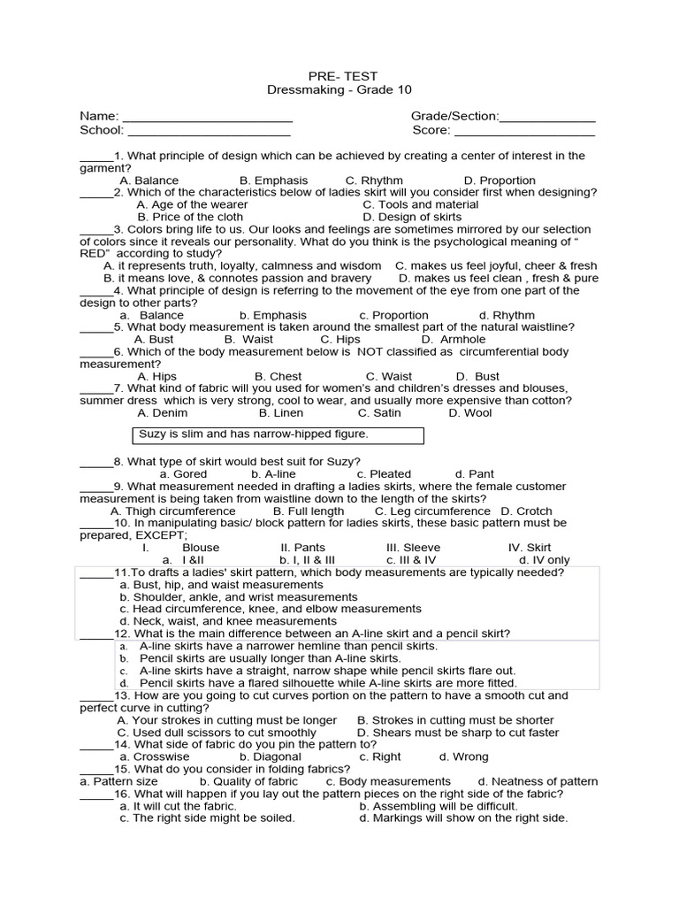 First Quarter Exam in Dressmaking Grade-10 | PDF