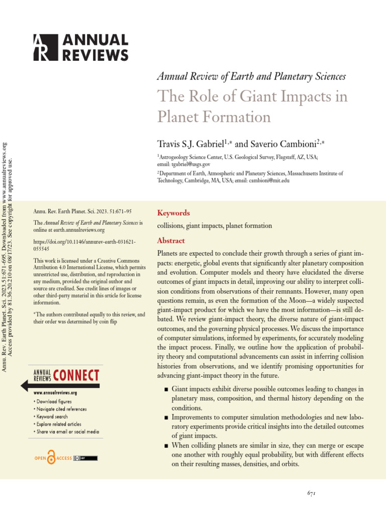 The Role of Giant Impacts in Planet Formation | PDF | Giant Impact ...