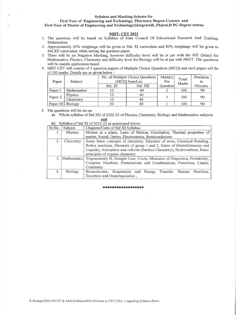 MHT-CET 2023 Syllabus | PDF
