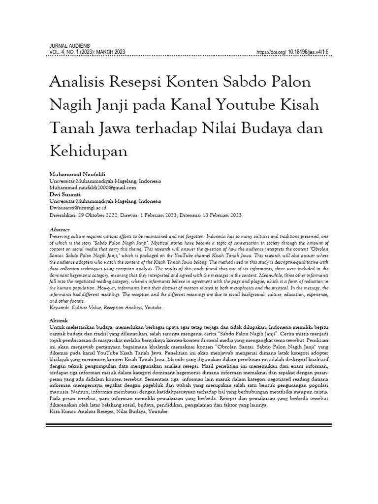 Analisis Resepsi Konten Sabdo Palon Nagih Janji Pa | PDF | Media Sharing | Human Communication