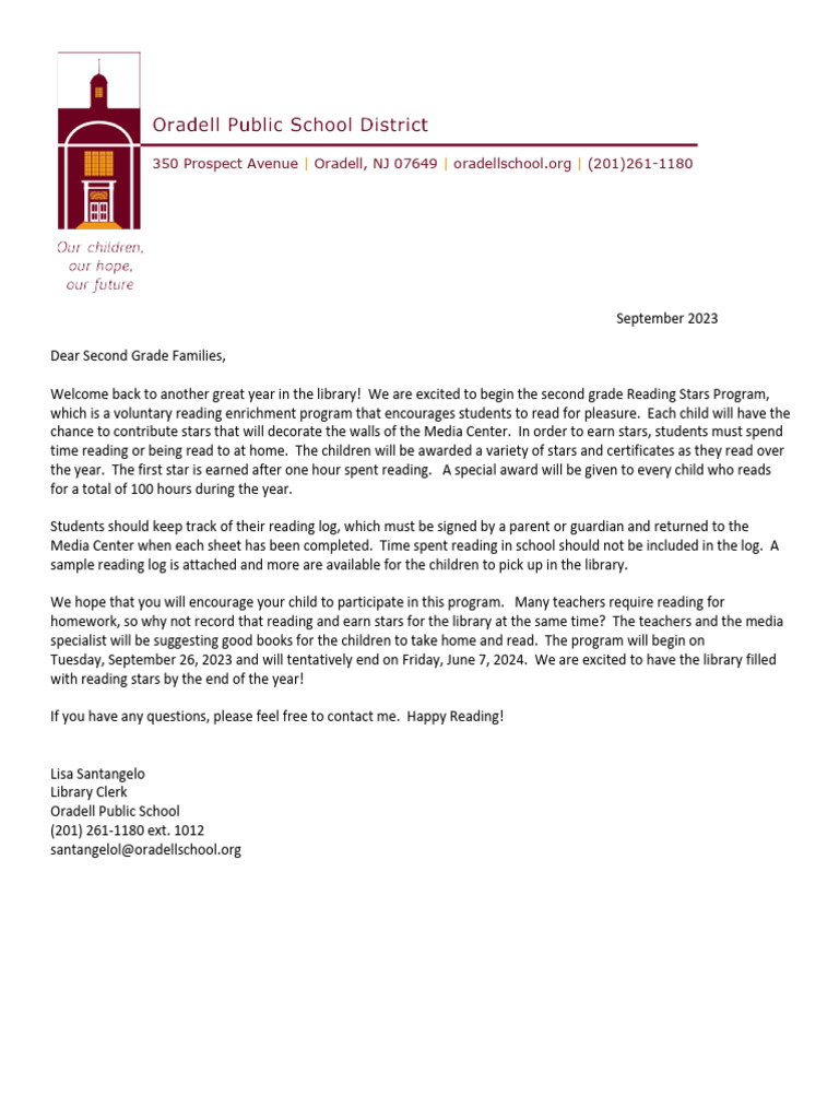 Reading Stars Letter To Parents-Grade 2 Letterhead | PDF