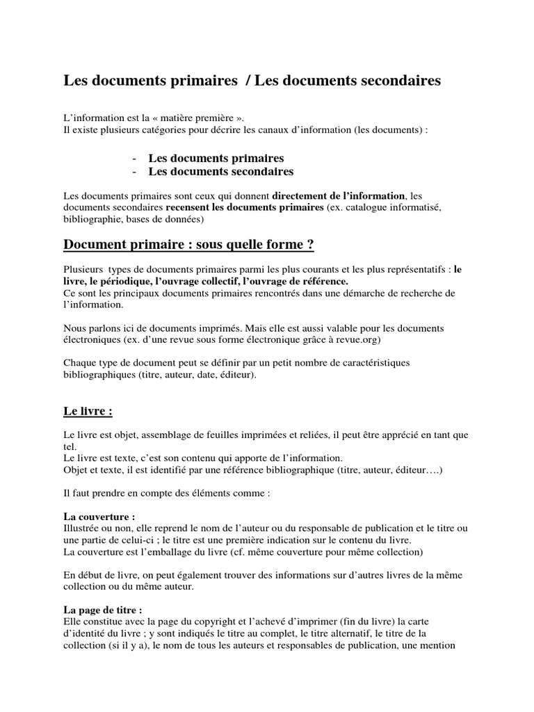 Les Documents Primaires - Les Documents Secondaires | PDF