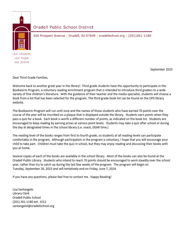 Bookworm Letter To Parents-Grade 3 Letterhead | PDF
