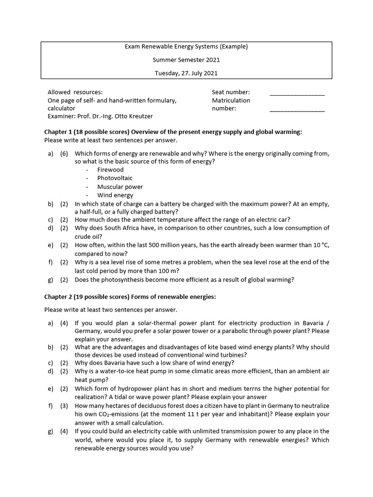 Renewable Energy Systems Exam Guide | PDF | Energy Storage | Renewable ...