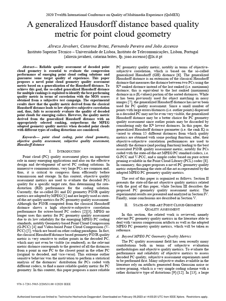 A Generalized Hausdorff Distance Based Quality Metric For Point Cloud Geometry | PDF | Distance ...