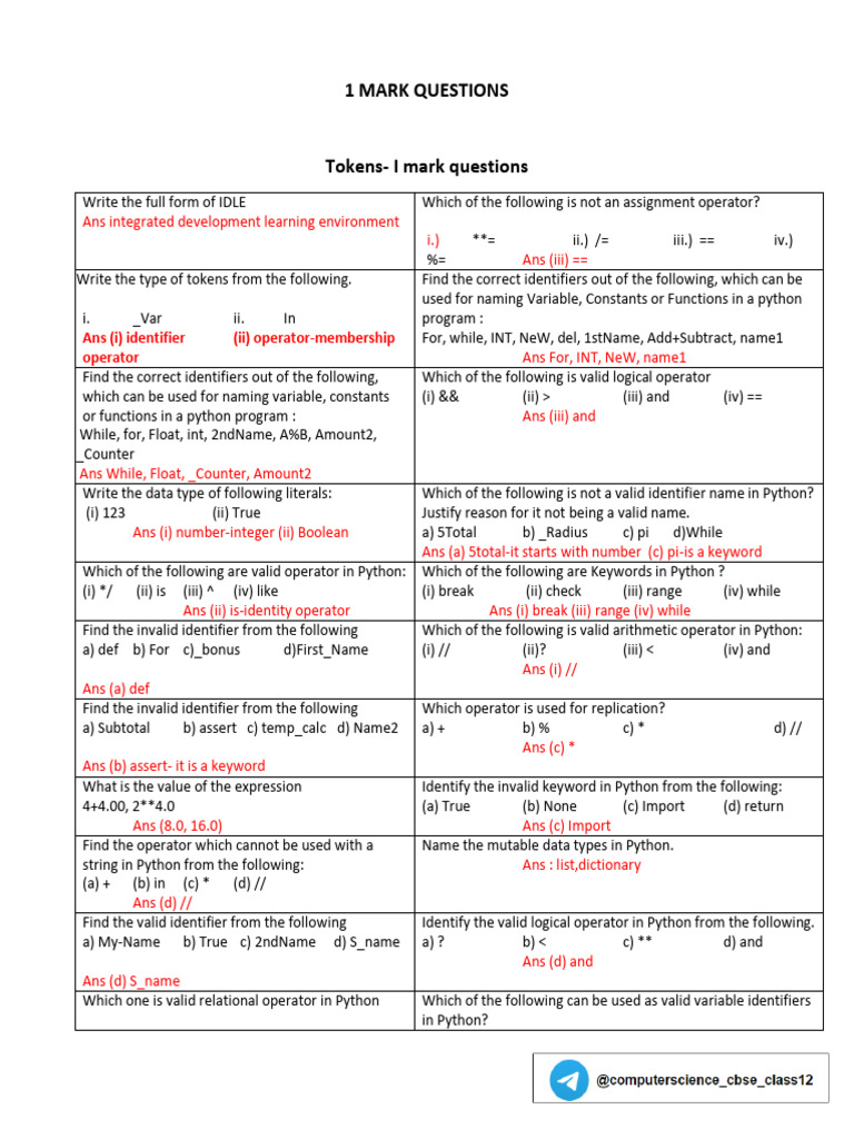 1 Mark Questions - Computer Science - Class 12 | PDF 1 Mark Questions - Computer Science - Class 12 | PDF