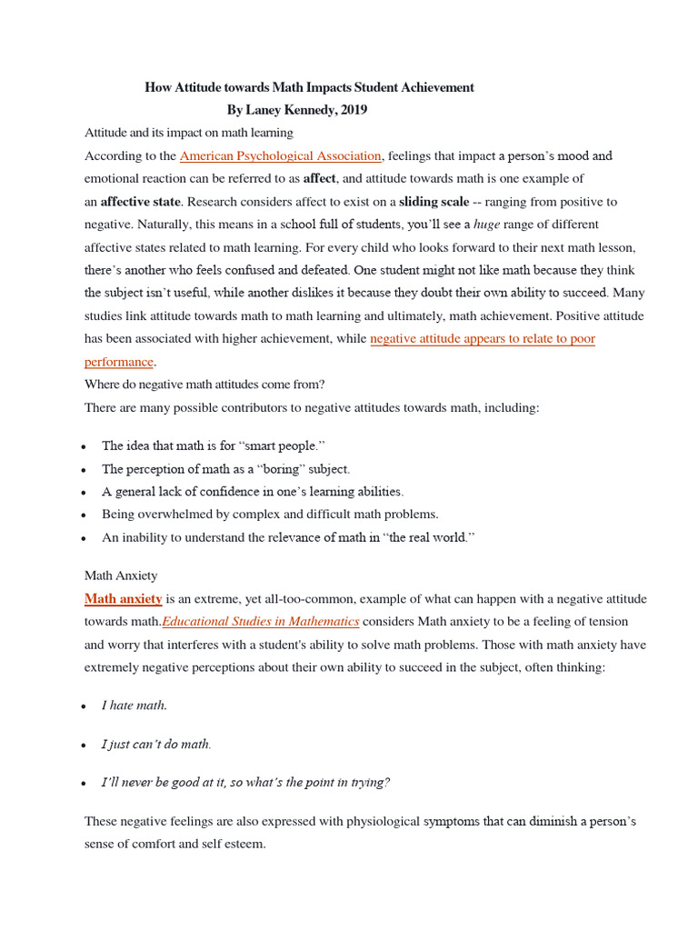 Attitude Towards Math Impacts Student Achievement Pdf Attitude