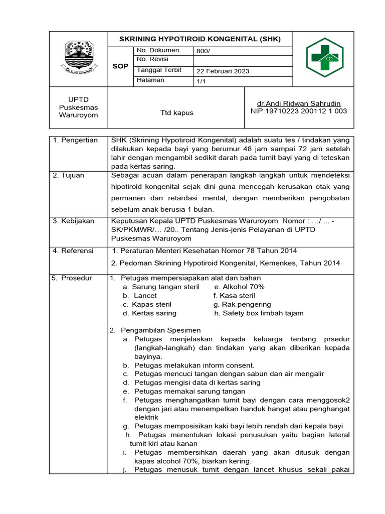 SOP Skrining Hipotiroid Kongenital | PDF