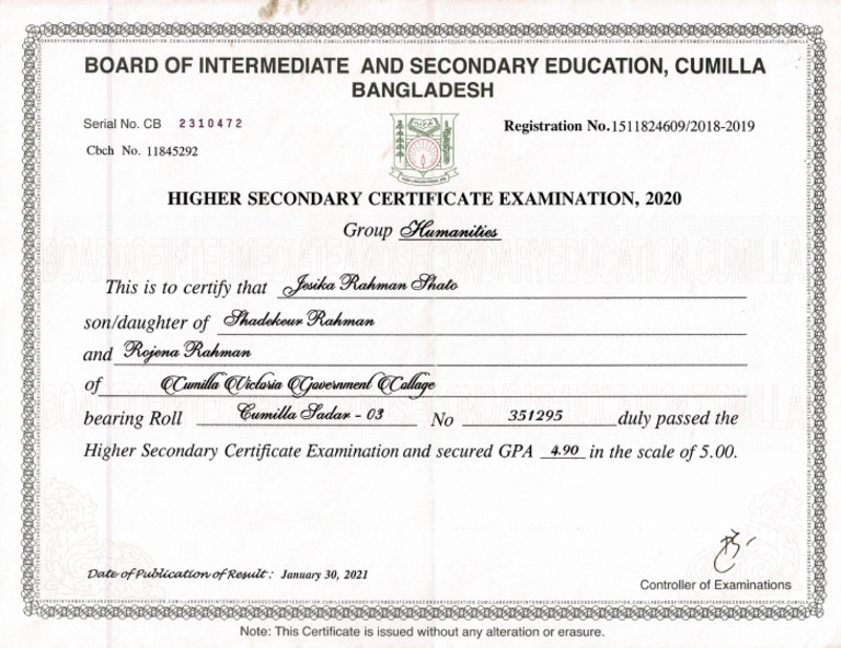 HSC Certificate Chittagong Board | PDF