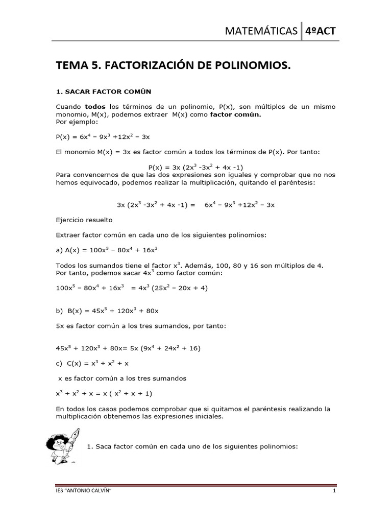 Tema Factorización de Polinomios. | PDF | Factorización | Análisis matemático