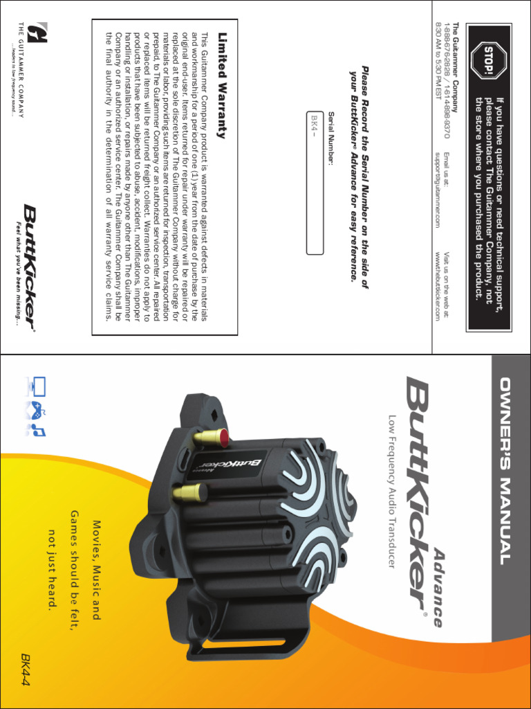 BK4-4 - ButtKicker Advance Haptic Transducer - Product Manual | PDF