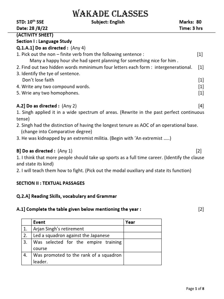 10th Grade English Model Questions | PDF | Language Arts & Discipline