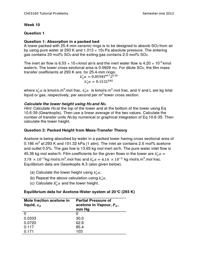 CHE3165 Tutorial Week 10 | PDF CHE3165 Tutorial Week 10 | PDF