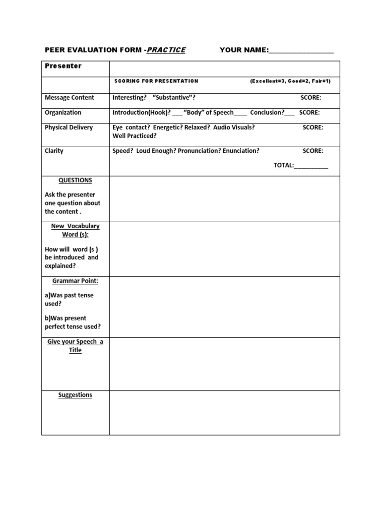 Peer Evaluation Form Practice Actual | PDF