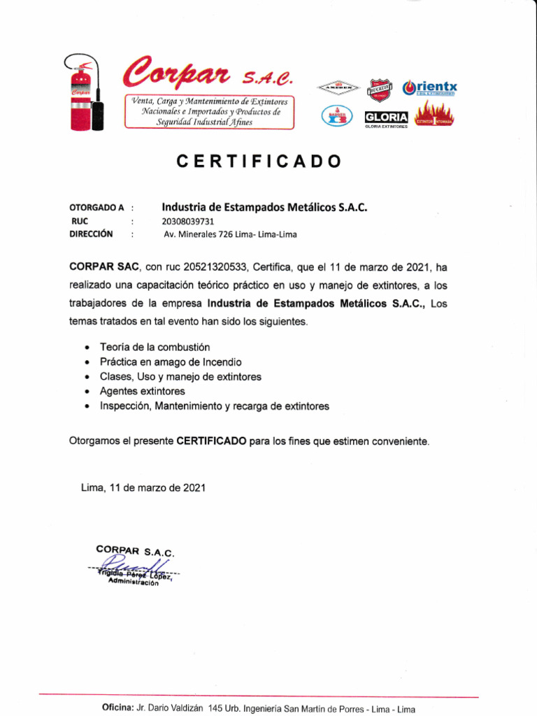 B. - 3. Certificado de Capacitacion en Lucha Contra Incendios, Primeros Auxilios y Simulacros de ...