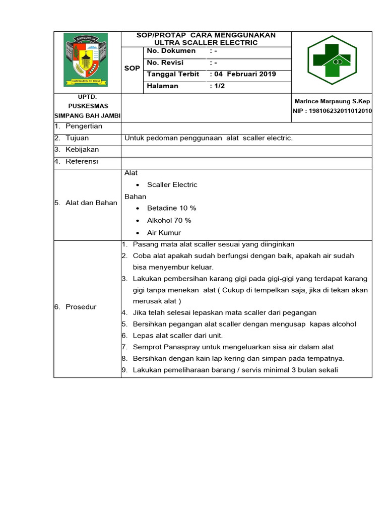 Sop Protap Cara Menggunakan Ultra Scaller Electric | PDF