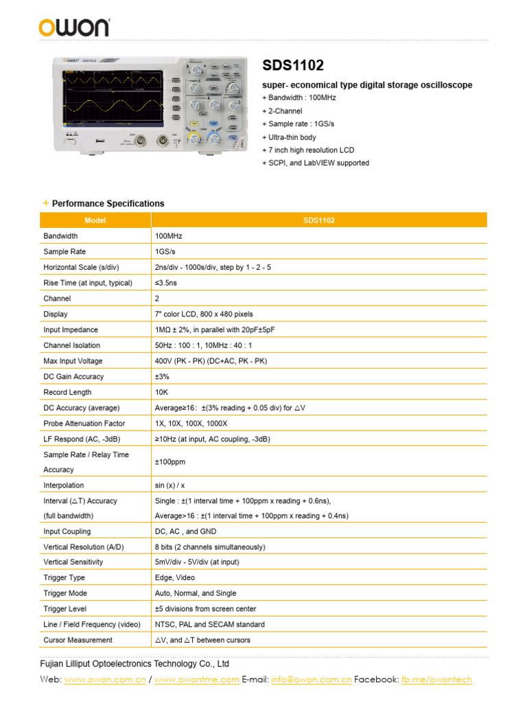 Owon Sds1102 Super Economical Type Digital Oscilloscope Technical Spec S Download Free Pdf