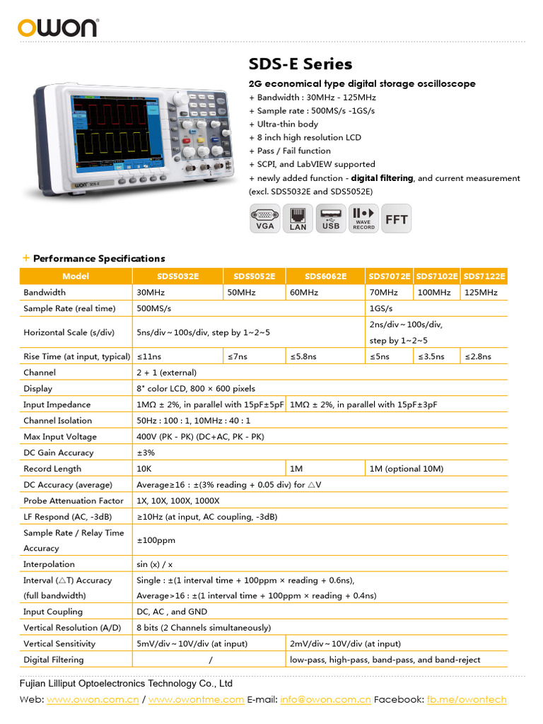 OWON SDS-E Series Digital Oscilloscope Technical Spec.s | PDF | Electronics | Electrical Engineering