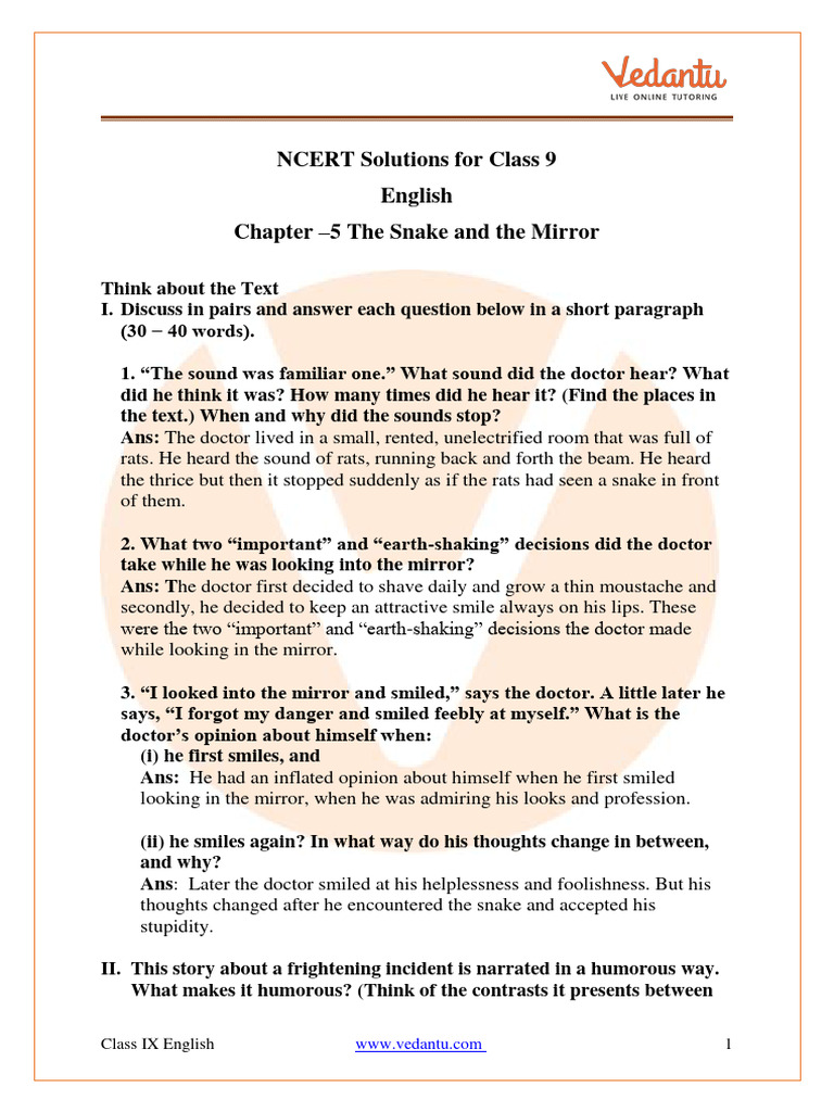 NCERT Solutions For Class 9 English Chapter 5 - The Snake and The ...