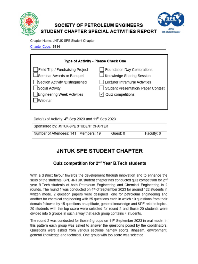 SPE JNTUK Student Chapter Quiz Competition 1 | PDF