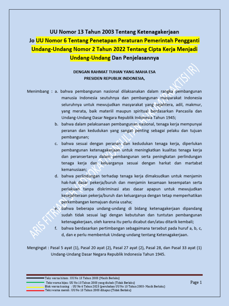 UU 13 Tahun 2003 Jo UU 6 Tahun 2023 & Penjelasannya | PDF