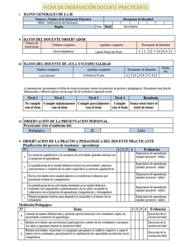 FICHA DE OBSERVACION DOCENTE PRACTICANTE | PDF