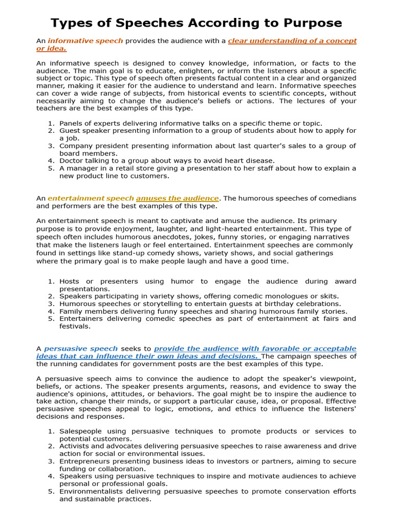 Types of Speeches According To Purpose - Informative, Entertainment ...